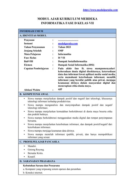 MODUL AJAR INFORMATIKA KELAS X SMK/SMA/MA | PDF