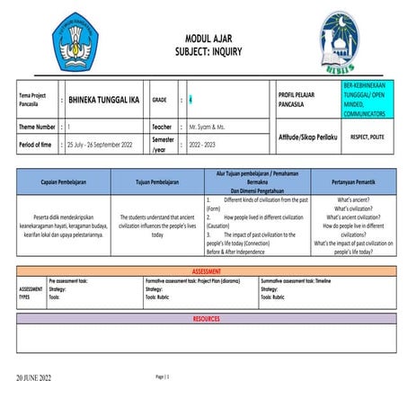 MODUL AJAR INQUIRY UNTUK ANAK KELAS 1 SD | DOCX