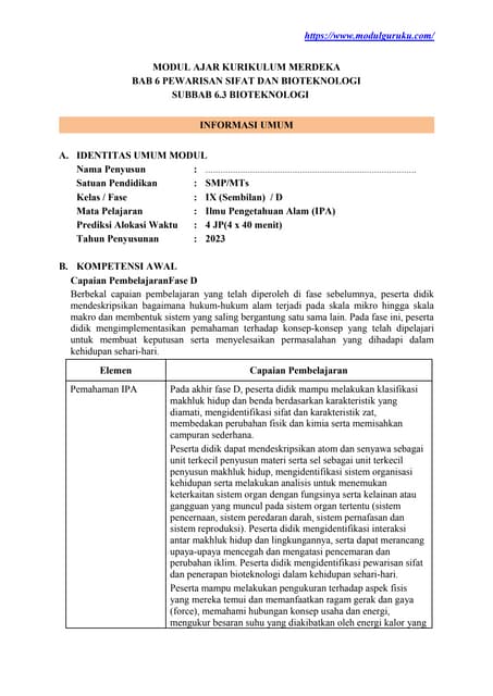 Modul Ajar Biologi Kelas 12 Fase F Kurikulum Merdeka | PDF