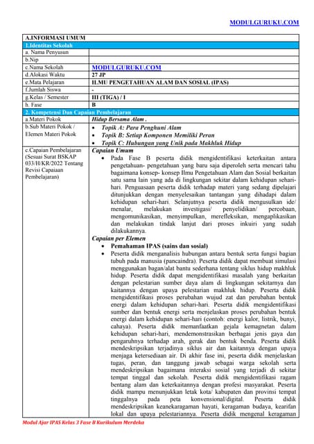 Modul Ajar IPAS Kelas 3 Fase B Kurikulum Merdeka | PDF