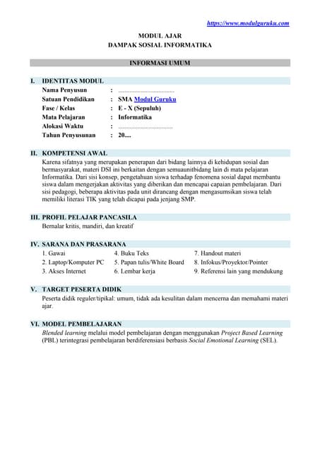 MODUL AJAR INFORMATIKA BERPIKIR KOMPUTASIONAL KELAS X SMK | PDF