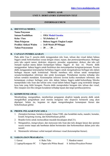 Modul Ajar Bahasa Indonesia Kelas 12 Fase F Kurikulum Merdeka | PDF