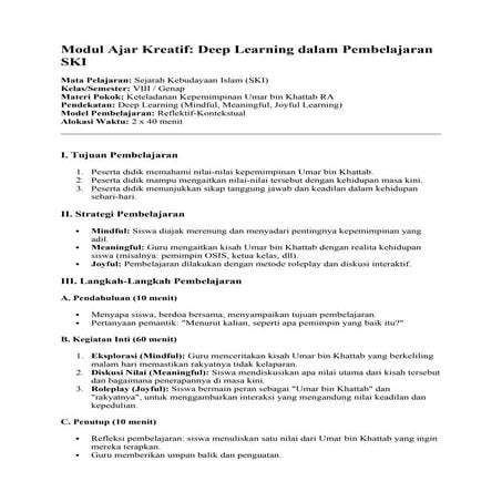 Modul Ajar Kreatif deep learning dalam pembelajaran SKI | DOCX