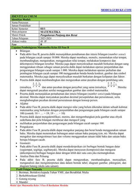 Modul Ajar Matematika Kelas 3 Cp 032 Pdf