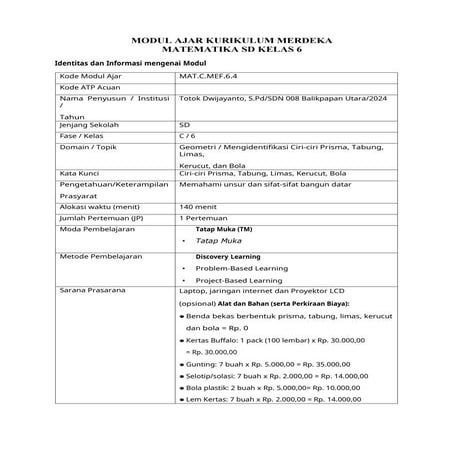 Modul Ajar mata pelajaran Matematika sekolah dasar | DOCX