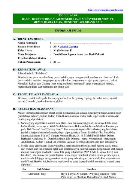 PAI 11 - Bab 2 - Bukti Beriman Memenuhi Janji, Mensyukuri Nikmat, Memelihara Lisan, Menutupi Aib ...