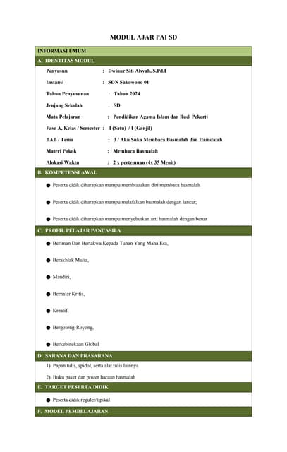 Modul Ajar Agama Kristen Fase A Kurikulum Merdeka | PDF