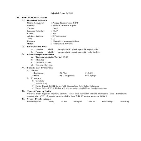 Modul Ajar Pendidikan Jasmani, Olahraga, dan Kesehatan (PJOK) - Modul Ajar PJOK Kelas VII Materi ...