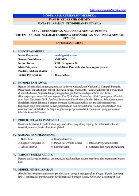 Modul Ajar PKN Kelas 8 Revisi 2024 Kurikulum Merdeka | PDF