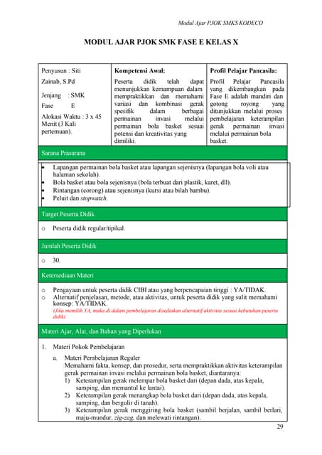 Modul Ajar Kelas 10 PJOK Fase E Kurikulum Merdeka | PDF