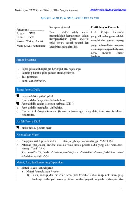 MODUL AJAR PJOK FASE A KELAS 1 KURIKULUM MERDEKA | PDF
