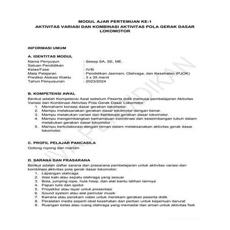 Modul Ajar PJOK SD/MI Kelas 4 edisi 2023/2024 | DOCX