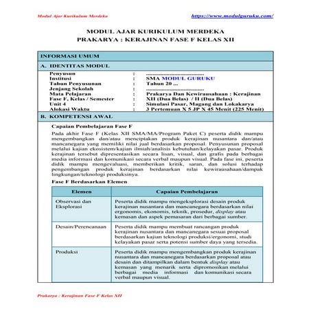 Modul Ajar Prakarya Kerajinan Kelas 12 Fase F Kurikulum Merdeka | PDF
