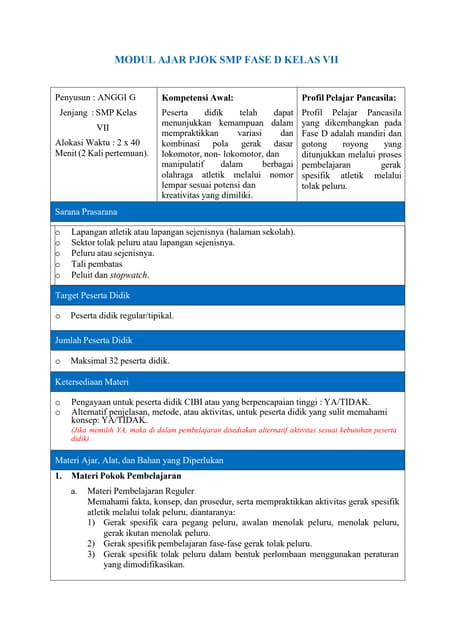 Modul Ajar Kelas 10 PJOK Fase E Kurikulum Merdeka | PDF