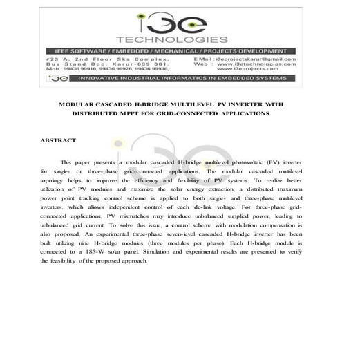 Modular Cascaded H Bridge Multilevel Pv Inverter With Distributed Mppt