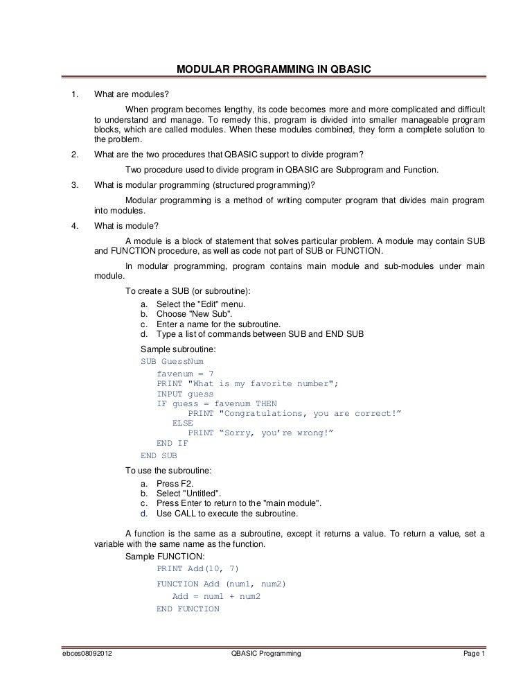 Modular programming in qbasic Modular programming in qbasic