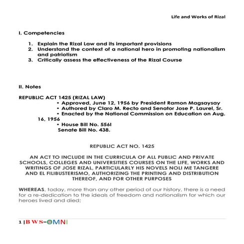 01 - Rizal Law (RA 1425) - Life and Works of Rizal | PDF