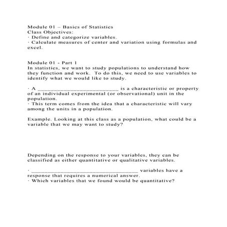 Module 01 – Basics of StatisticsClass Objectives· Define and ca.docx