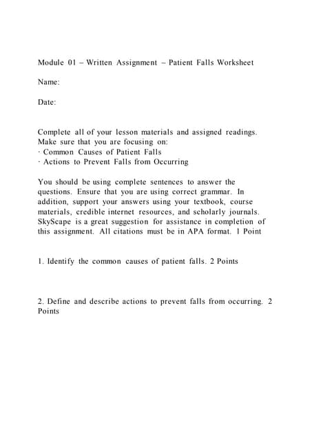 Module 01 – Written Assignment – Patient Falls WorksheetName | PDF Module 01 – Written Assignment – Patient Falls WorksheetName | PDF