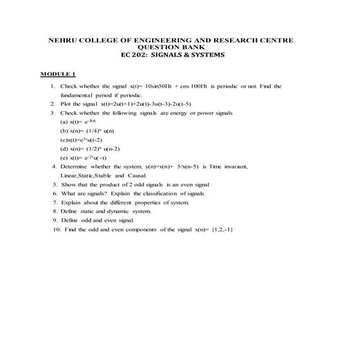 EC202 SIGNALS & SYSTEMS Module1 QUESTION BANK | DOCX
