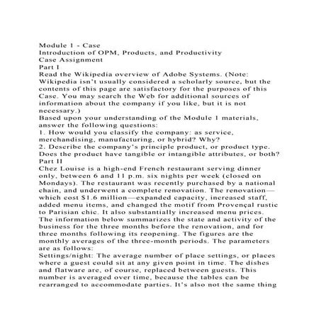 Module 1 - CaseIntroduction of OPM, Products, and Productivity.docx | Hotel Properties | Real Estate