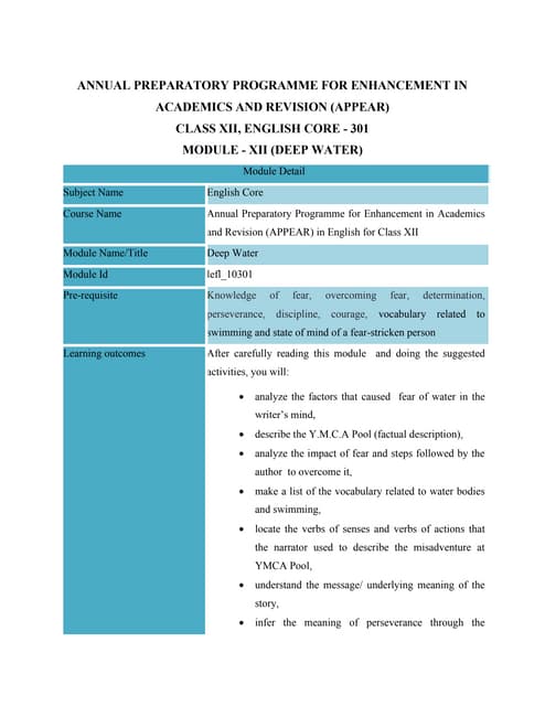 Deep water - CLASS 12 (ENGLISH) | PPTX | Diving | Sports