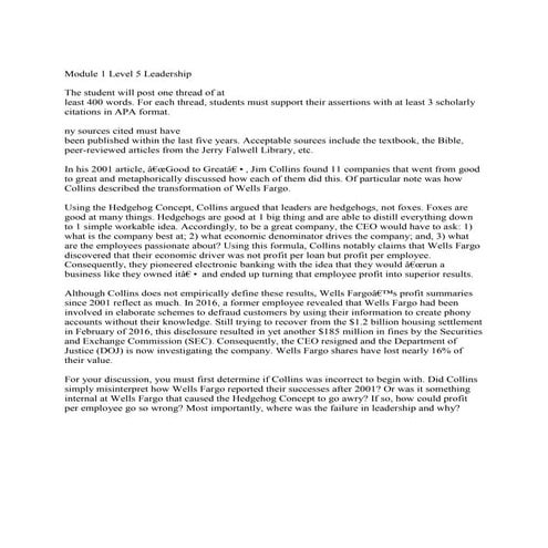 Module 1 Level 5 LeadershipThe student will post one thread of at lea.docx