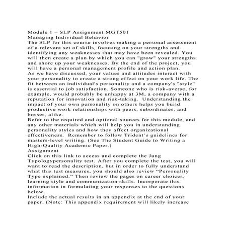 Module 1 – SLP Assignment MGT501Managing Individual BehaviorTh.docx