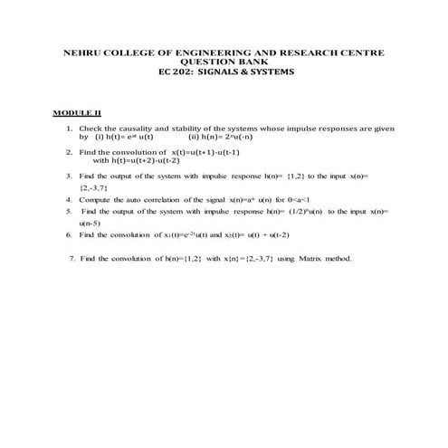 EC202 SIGNALS & SYSTEMS Module2 QUESTION BANK | PDF