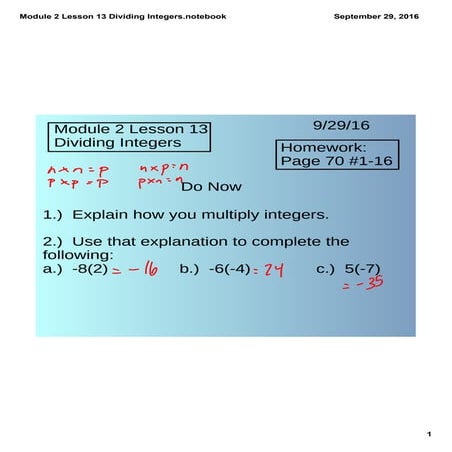 Module 2 lesson 13 dividing integers | PDF | Homework and Study | Education