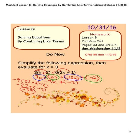 Module 3 lesson 8 solving equations by combining like terms | PDF