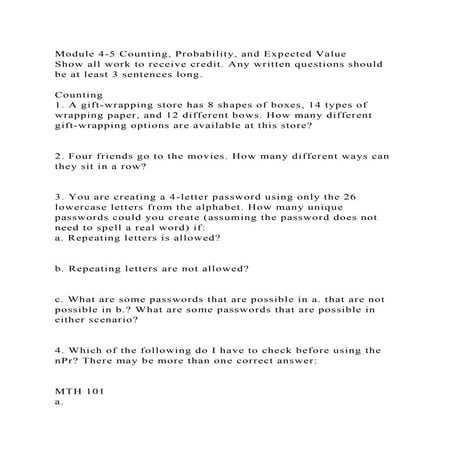 Module 4-5 Counting, Probability, and Expected ValueShow all work .docx