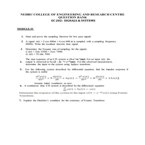 EC202 SIGNALS & SYSTEMS Module4 QUESTION BANK | PDF