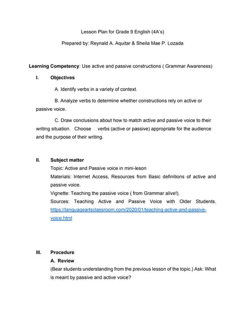 Detailed Lesson Plan on Active and Passive Voice | PDF