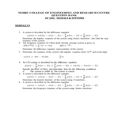 EC202 SIGNALS & SYSTEMS Module6 QUESTION BANK | DOCX