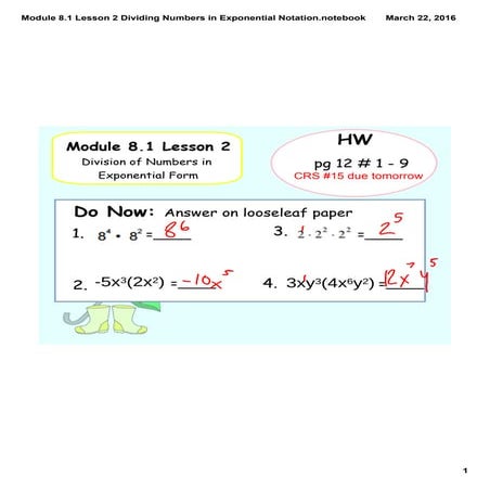 Module 8.1 lesson 2 dividing numbers in exponential notation | PDF