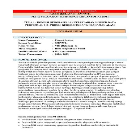 modul ajar IPS SMP kelas 7 kondisi geografis dan pelestarian sumber daya alam | DOCX