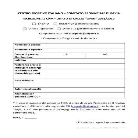 Modulo di iscrizione Calcio Open | PDF | Business | Business and Finance