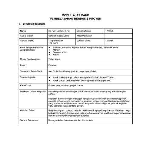 MODUL PAUD BASIS PROYEK.pdfkurikulum merdeka | PDF