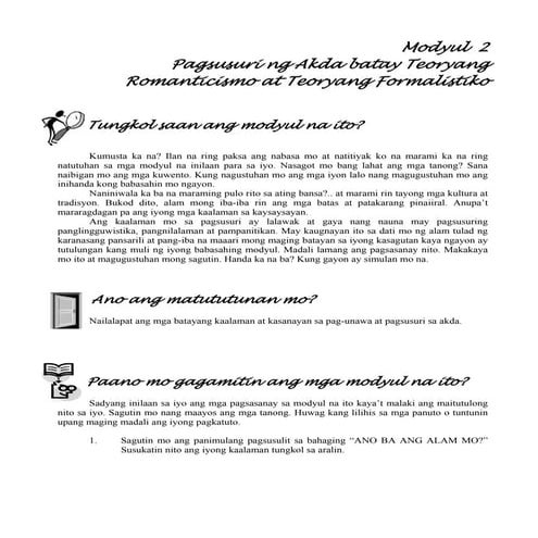Modyul 2 pagsusuri ng akda batay sa teoryang romantisismo | PDF