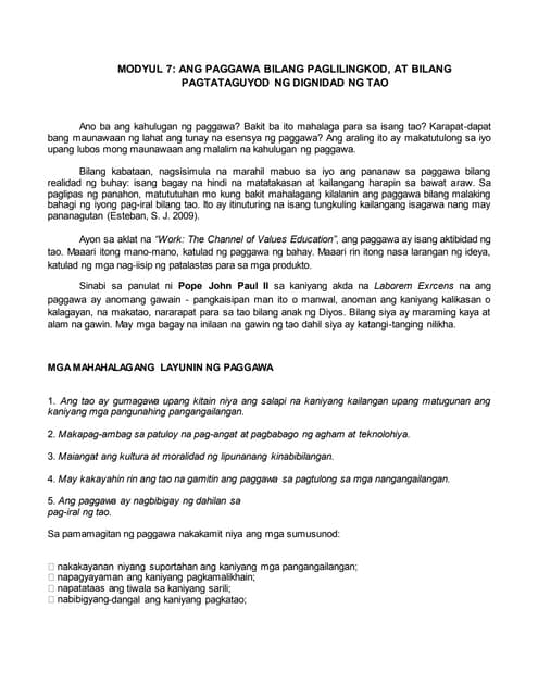 Ang paggawa bilang paglilingkod at pagtataguyod ng dignidan ppt | PPTX