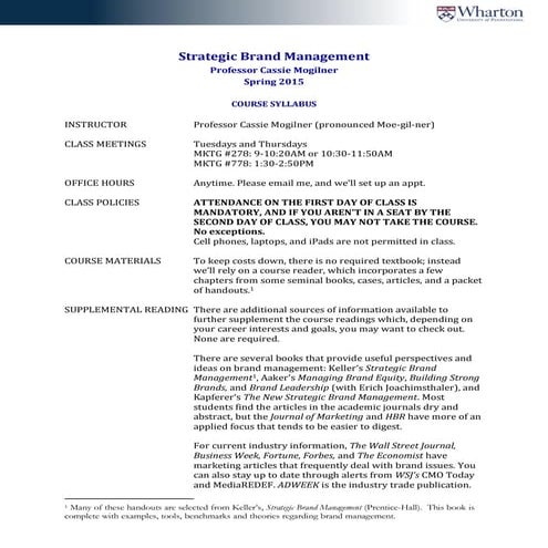 Mogilner strategic brand-management-syllabus-2015-wharton | PDF