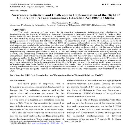 Awareness, Initiatives and Challenges in Implementation of the RTE Act 2009 in Odisha | PDF