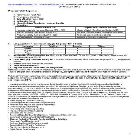 CV Somalia. 2021. Mohamed Farah CV - CV in Somalia, CV of Somali Expert | DOCX