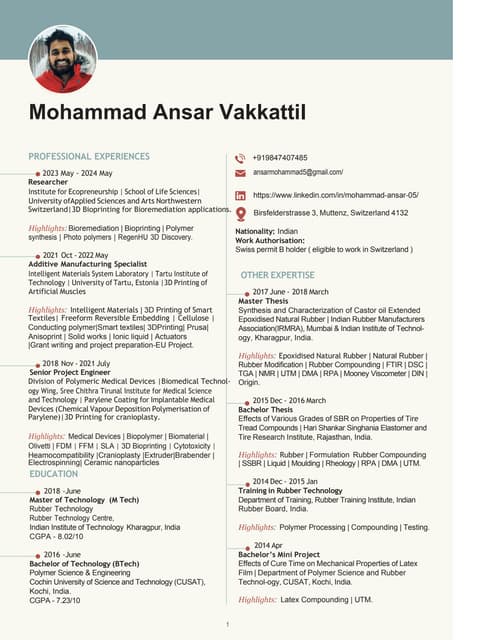 Mohammad Ansar Vakkattil CV 3D Printing Polymer | PDF Mohammad Ansar Vakkattil CV 3D Printing Polymer | PDF