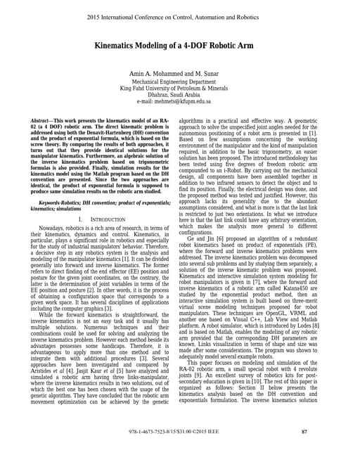 Kinematics Modeling Of A 4 Dof Robotic Arm Pdf Physics Science