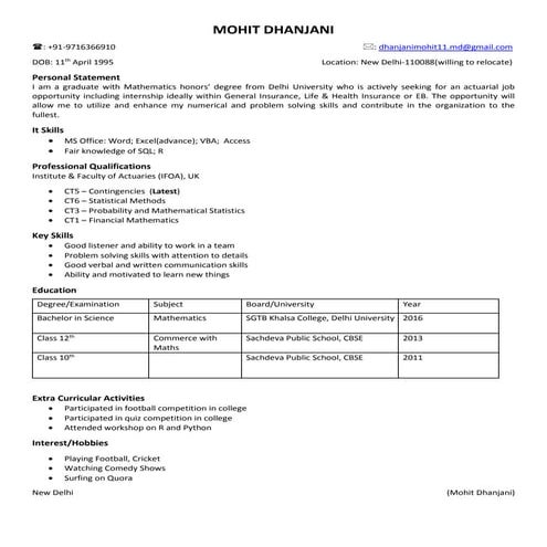 Mohit CV- Actuarial Fresher | PDF
