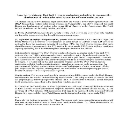VIETNAM - DECREE 58 ON DEVELOPMENT OF RENEWABLE ENERGY POWER ...