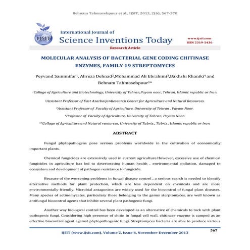 MOLECULAR ANALYSIS OF BACTERIAL GENE CODING CHITINASE ENZYMES, FAMILY 19 STREPTOMYCES | PDF