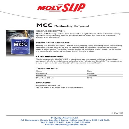 Molyslip mcc metalworking compound 450 g | PDF